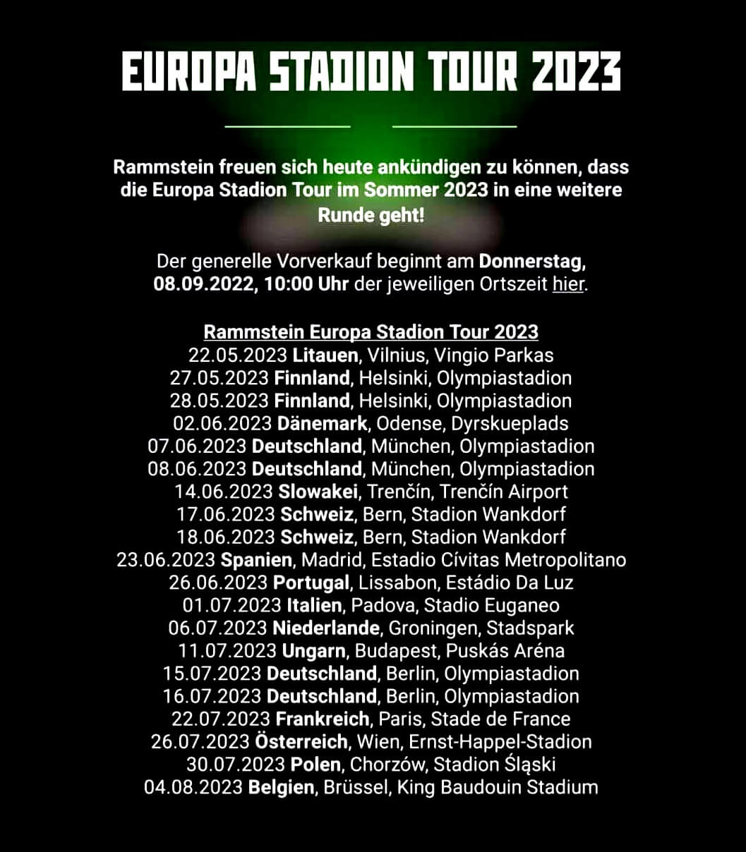 Rammstein 2023 European Tour Dates - Rammstein Tour Schedule